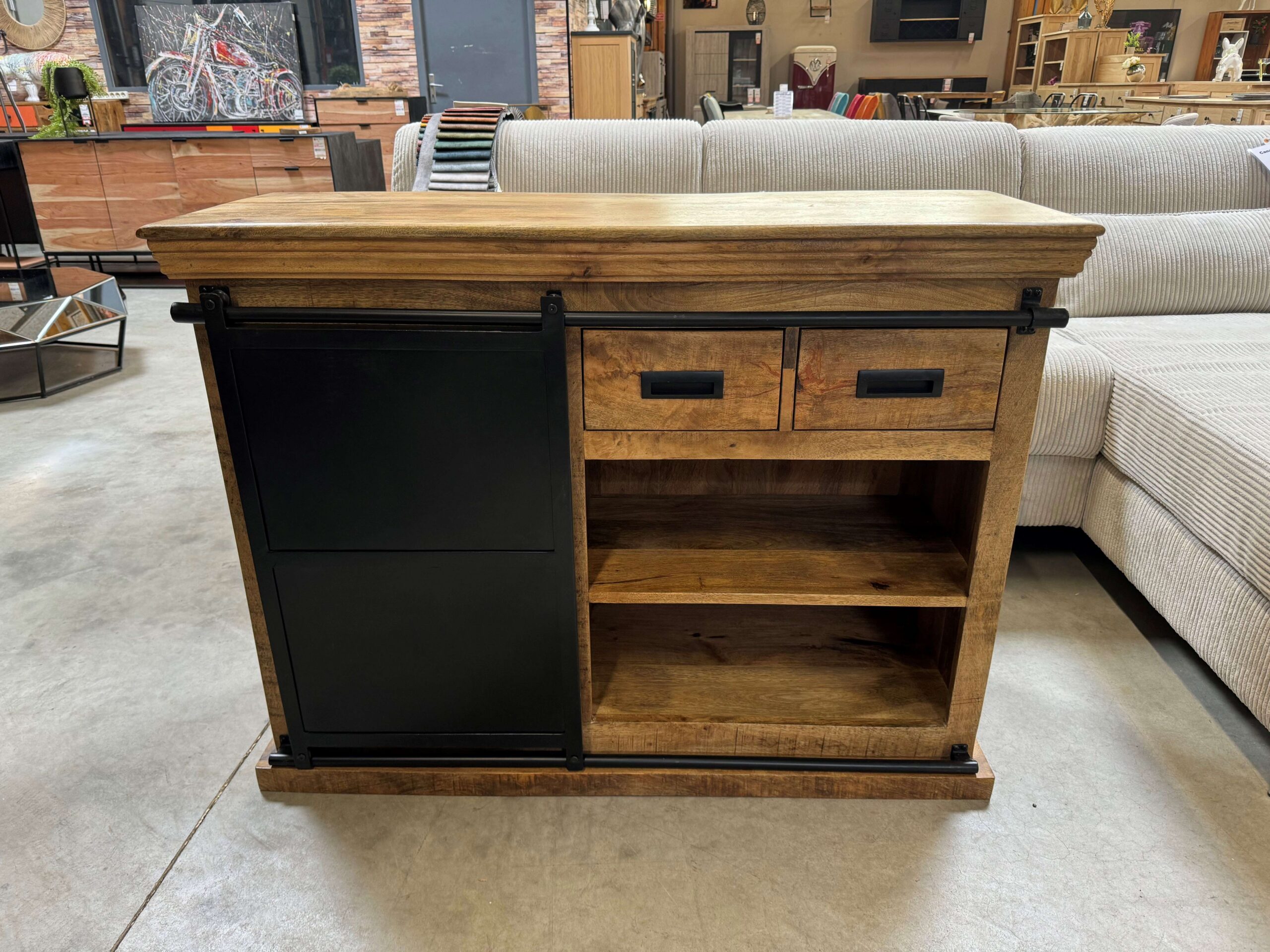 MEUBLE D'APPOINT MANGUIER ET MÉTAL NOIR 1 PORTE + 2 TIROIRS + 2 NICHES ...